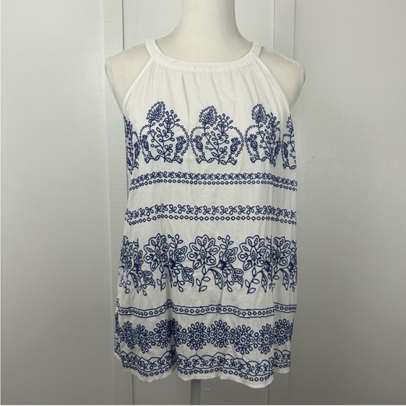 LOFT | Tops | Loft Womens White Blue Embroidered Top Sleeveless Size L ...